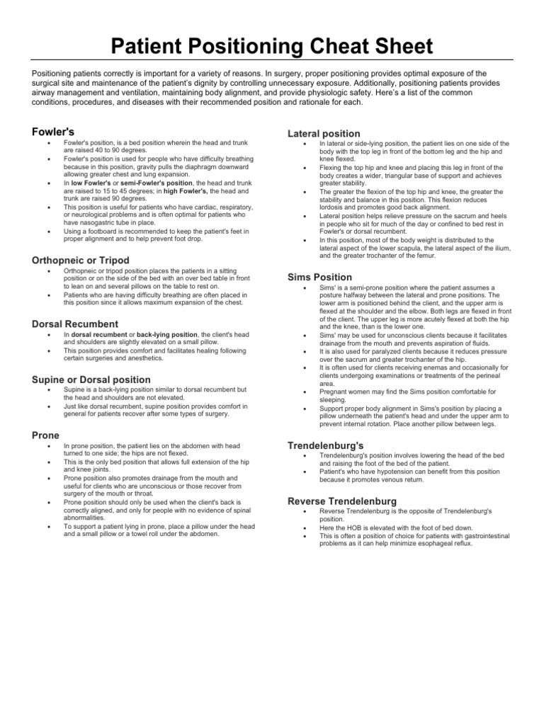 Positioning Patients Cheat Sheet | PDF | Vein | Anatomical Terms Of Motion