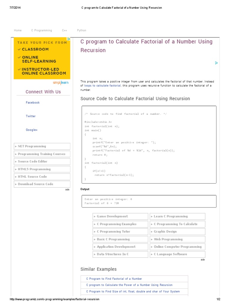 C Program To Calculate Factorial Of A Number Using Recursion Pdf C Programming Language 