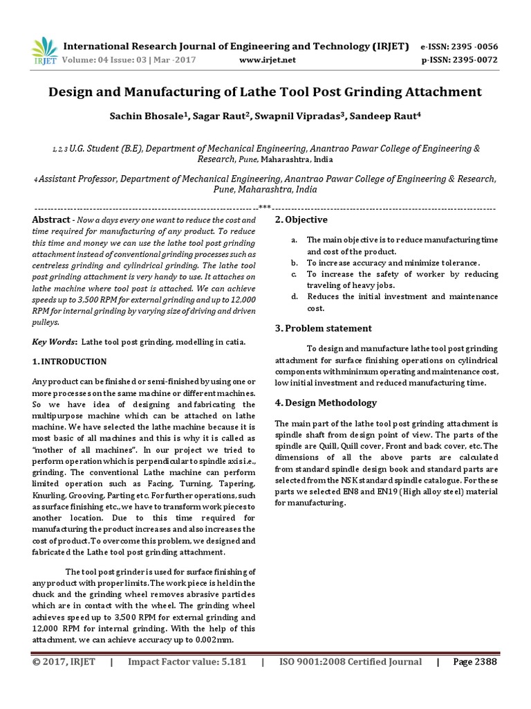 Design and Manufacturing of Lathe Tool Post Grinding Attachment | PDF ...