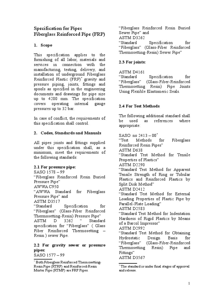 GRP Pipe Sample Specifications Guidelines | PDF | Fiberglass | Fibre ...