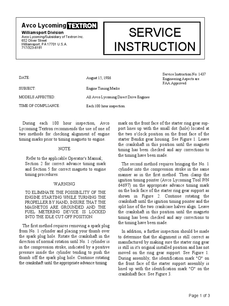 Check Engine Timing Marks Lycoming Direct Drive Engines | PDF | Gear ...