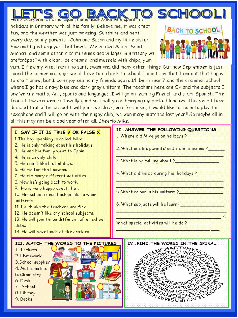Lets Go Back To School Reading and Comprehension Exercises | PDF ...