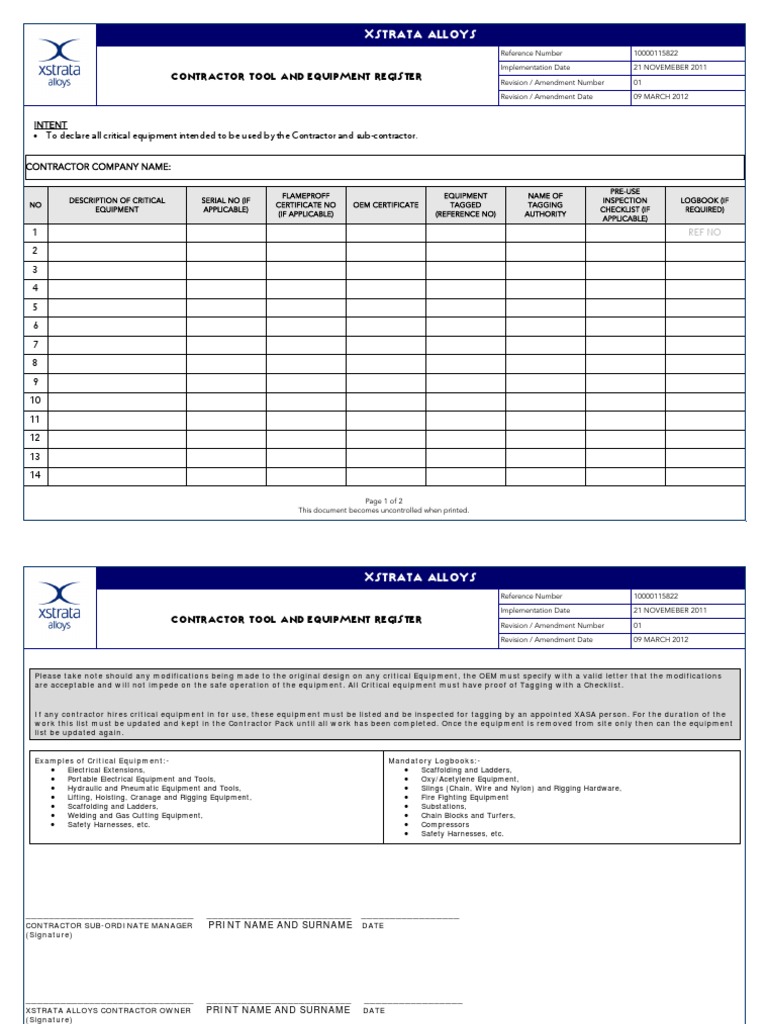 Contractor Tool and Equipment Register | Technology | Engineering