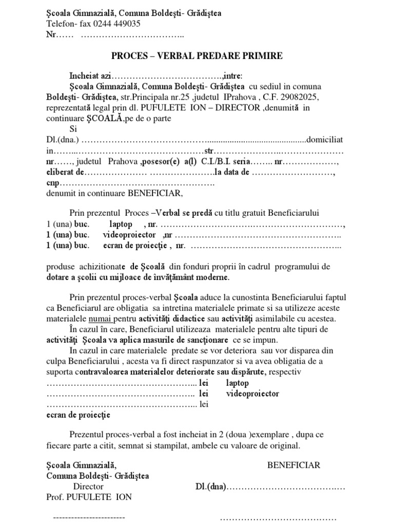 Model Proces Verbal de Predare Primire | PDF