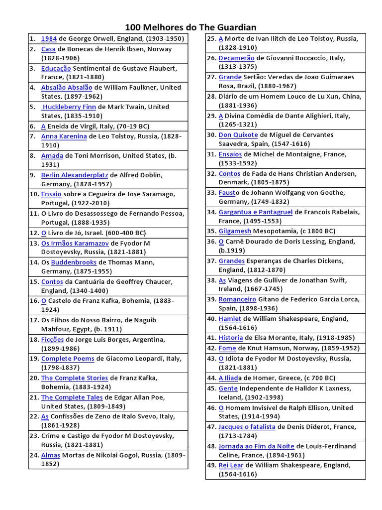 100 Melhores Livros do The Guardian | PDF | Escritores | Escritores de ...