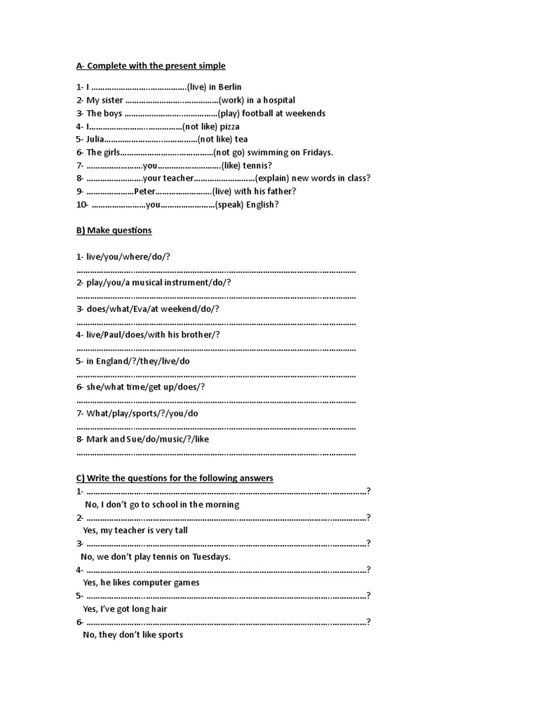 A-Complete With The Present Simple | Download Free PDF | Leisure