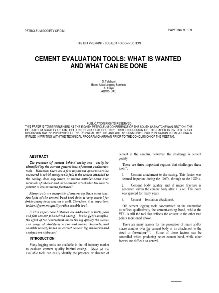 Cement Evaluation Tools: What Is Wanted and What Can Be Done | PDF ...