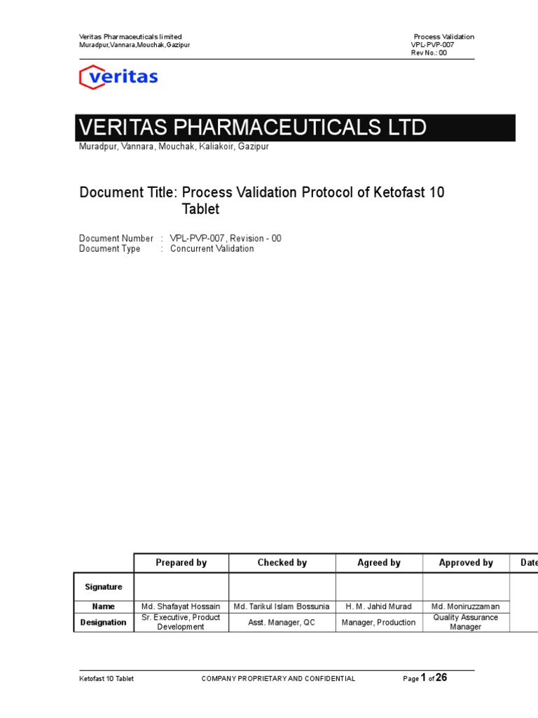 Process Validation Protocol For Ketofast 10 Tablet | PDF | Tablet ...