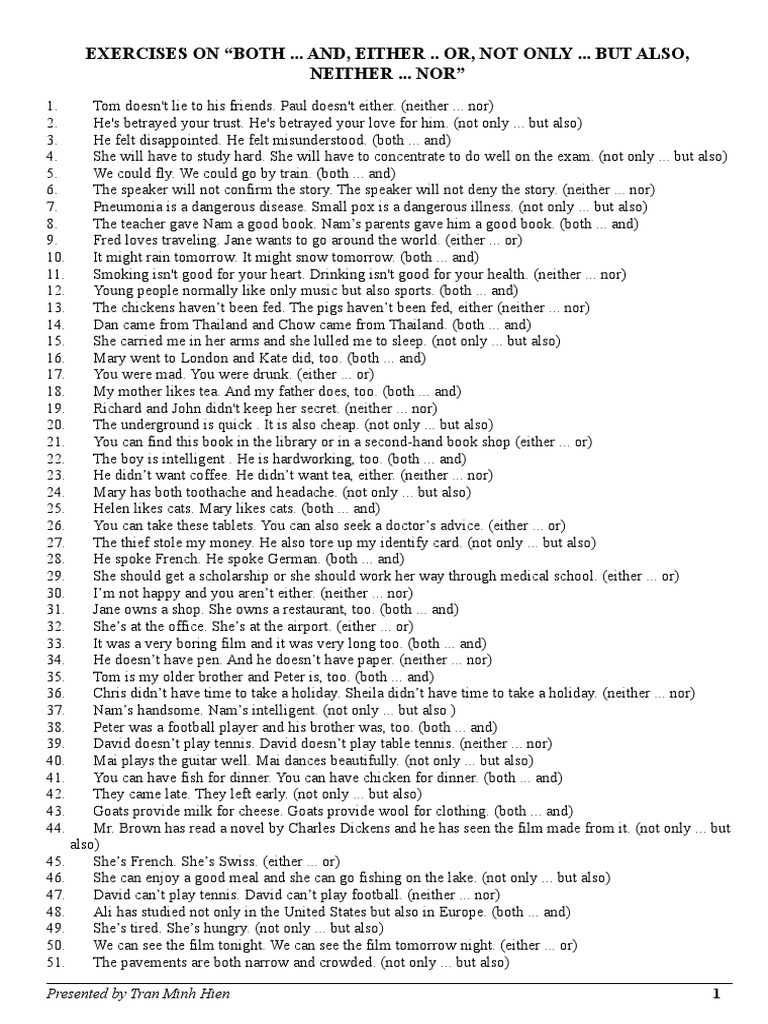 Exercises On Both and Either or Not Only But Also Neither Nor | PDF ...
