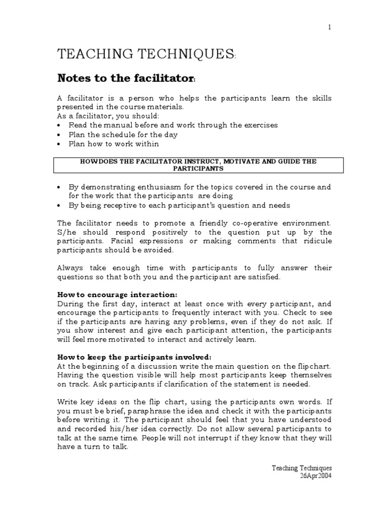 Teaching Techniques: Notes To The Facilitator | PDF