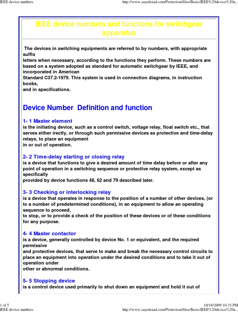 IEEE Device Numbers | PDF | Relay | Switch