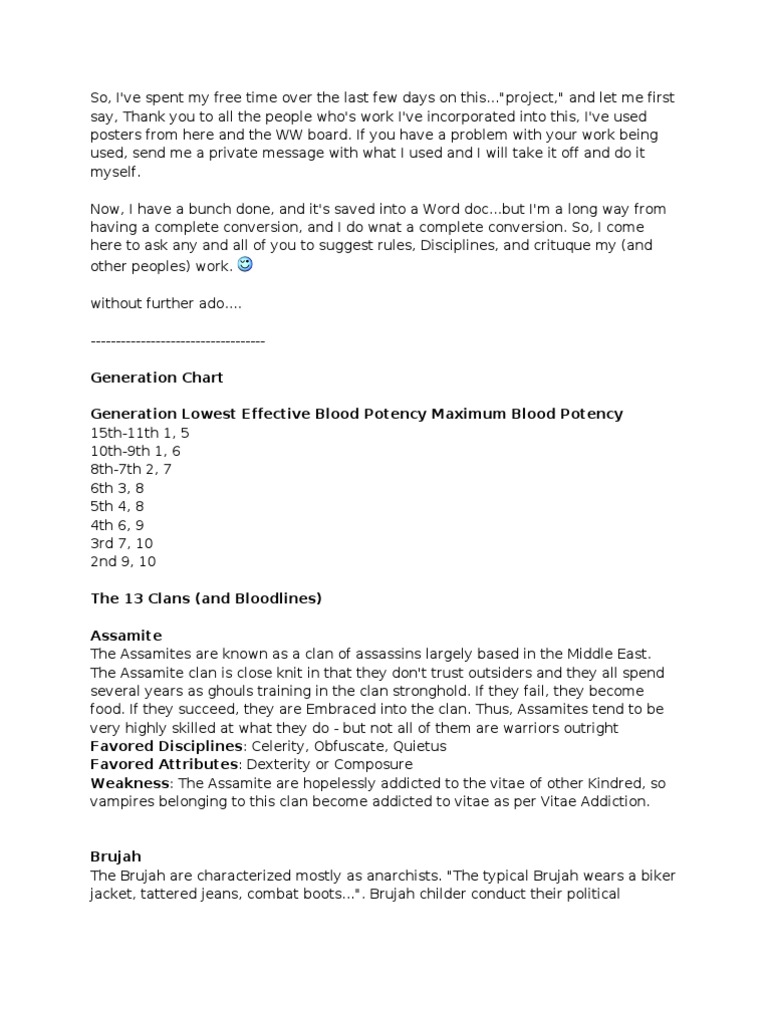 VTM Blood Potency and Clan Overview | PDF | Necromancy | Religion And ...