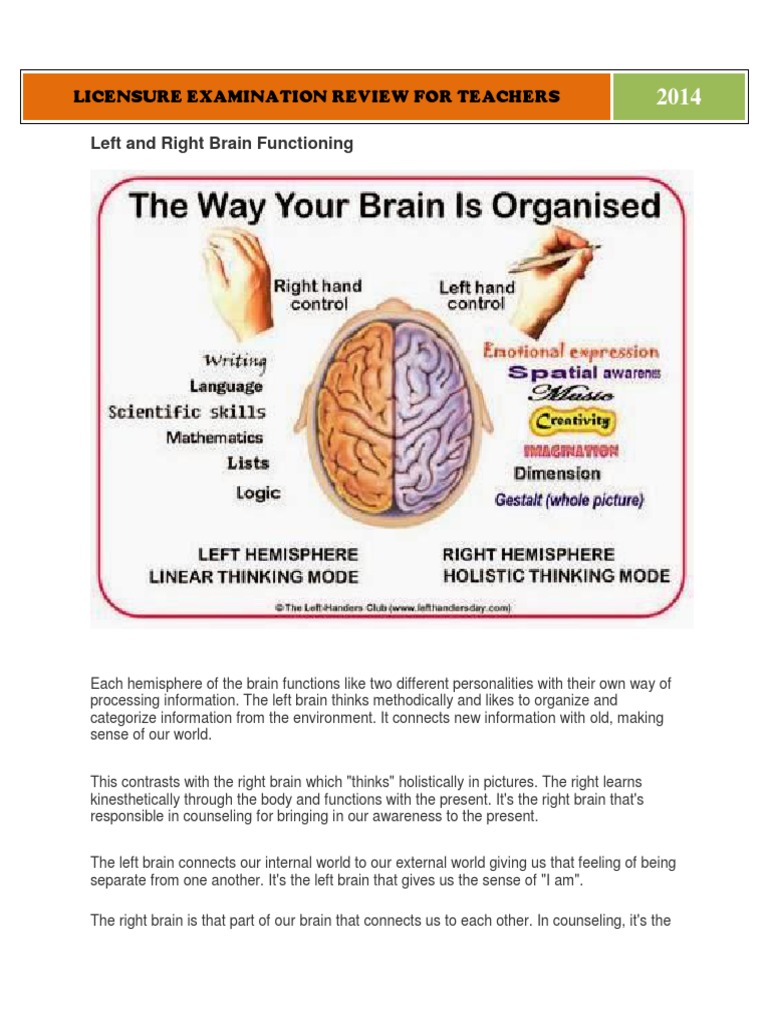 Left and Right Brain Functioning | PDF | Lateralization Of Brain ...