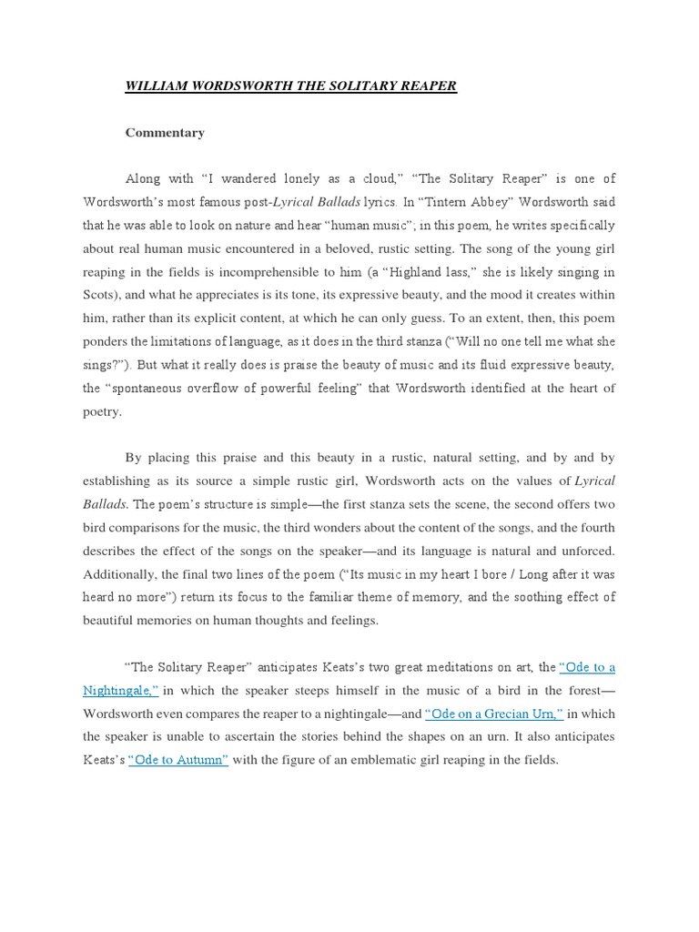 William Wordsworth The Solitary Reaper | PDF | William Wordsworth | Poetry