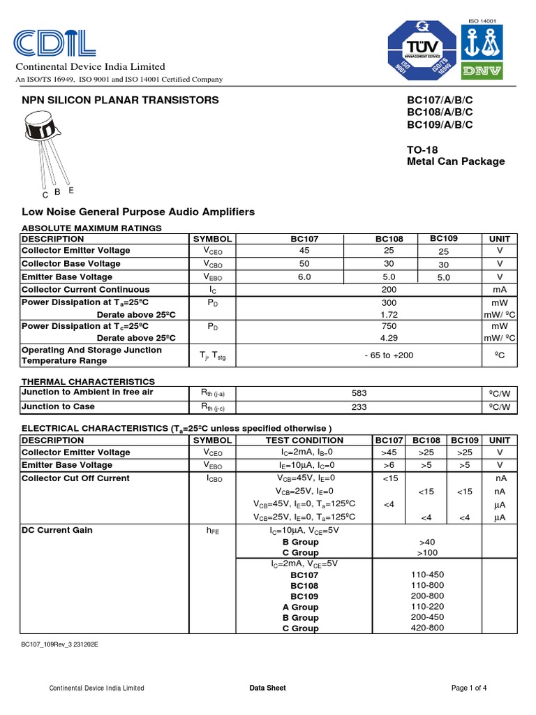 NPN Silicon Planar Transistors BC107/A/B/C BC108/A/B/C BC109/A/B/C TO ...