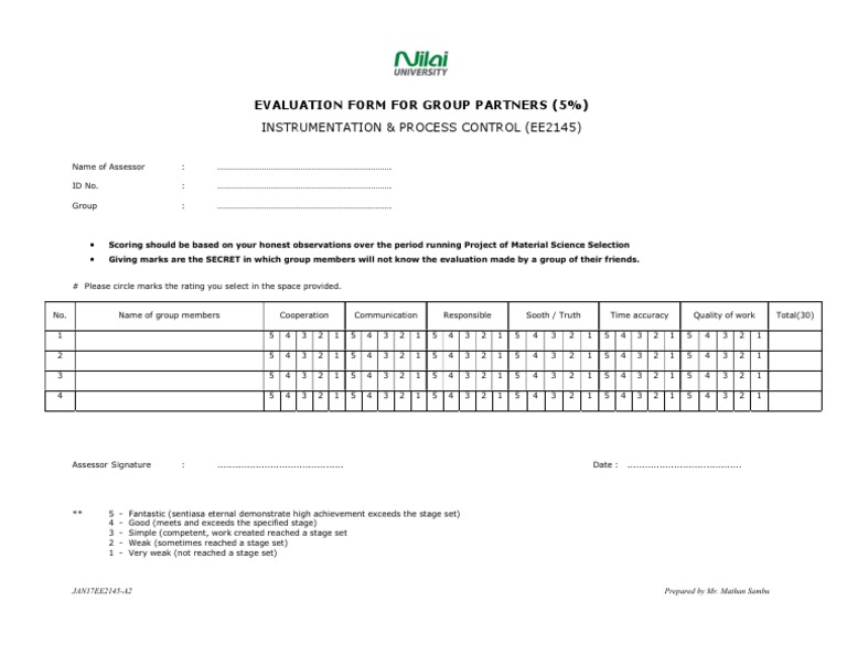 Group Project Evaluation Form for Instrumentation and Process Control ...