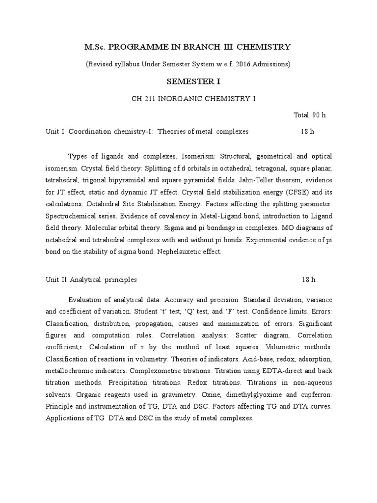 MSC Chemistry Revised Syllabus 2016 | PDF | Wave Function | Chemical ...