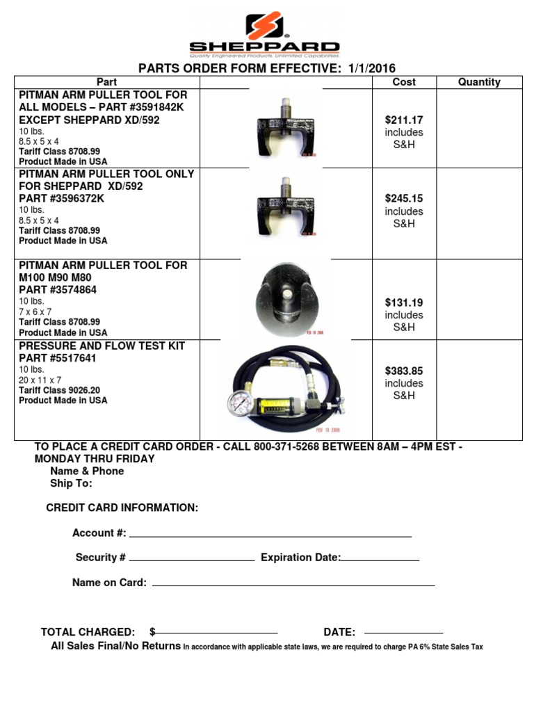 Parts Order Form Effective: 1/1/2016: Includes S&H | PDF
