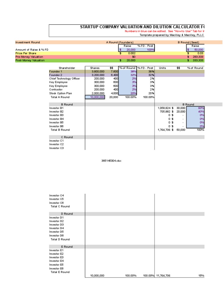 Valuation and Dilution Calculator | PDF | Spreadsheet | Valuation (Finance)