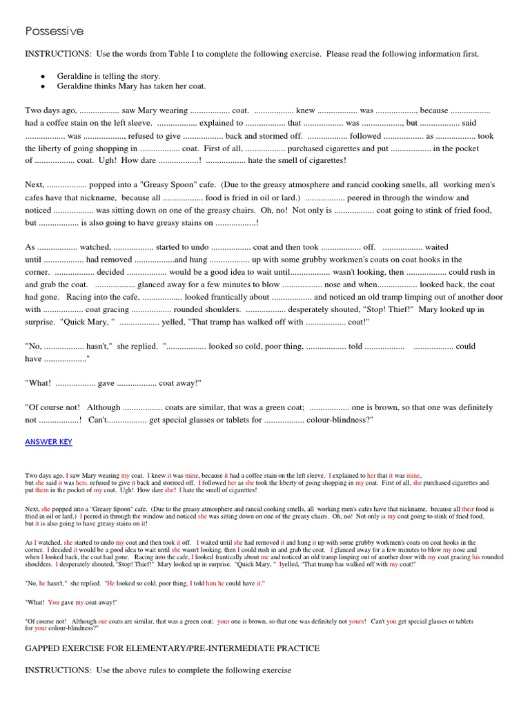 Possessive: Answer Key | PDF