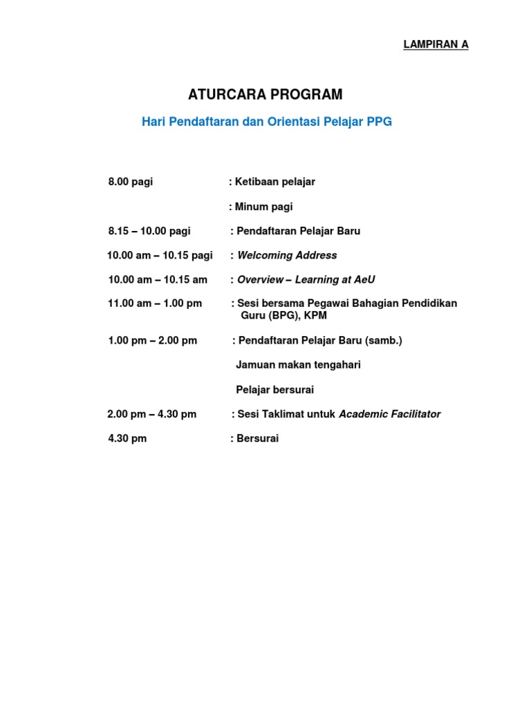 Aturcara Program: Hari Pendaftaran Dan Orientasi Pelajar PPG | PDF