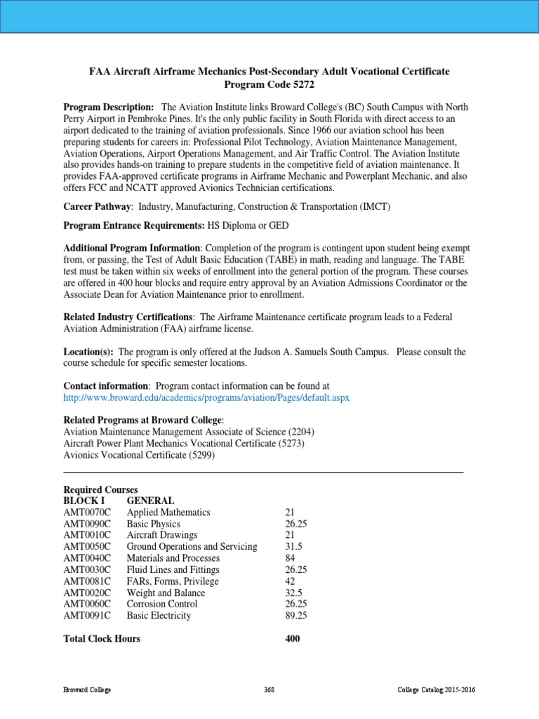 FAA Aircraft Airframe Mechanics Post-Secondary Adult Vocational ...