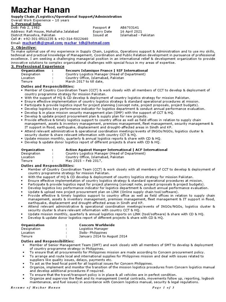 Mazhar Hanan CV | PDF | Procurement | Logistics