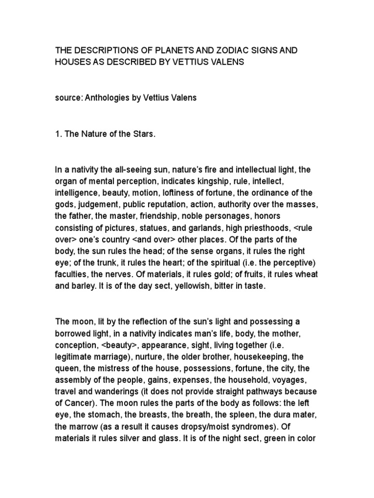 The Planets and Zodiac Signs As Described by Vettius Valens | PDF ...