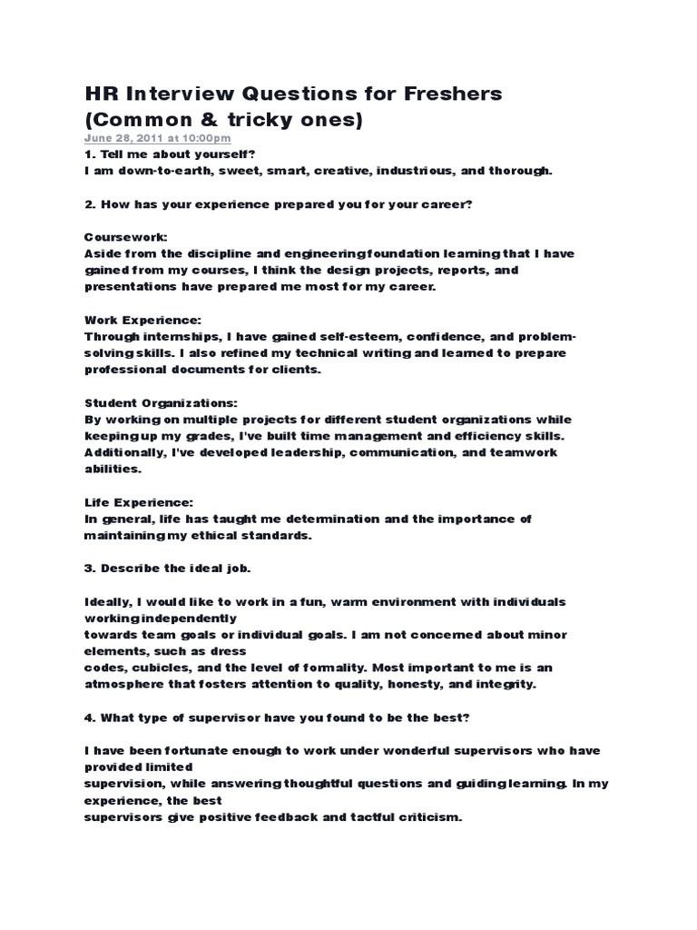 HR Interview Questions For Freshers (Common & Tricky Ones) : June 28 ...