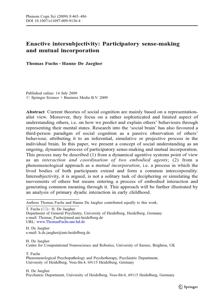 Enactive Intersubjectivity: Participatory Sense-Making and Mutual ...