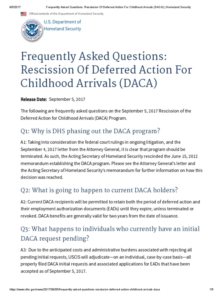 Frequently Asked Questions: Rescission Of Deferred Action For Childhood ...