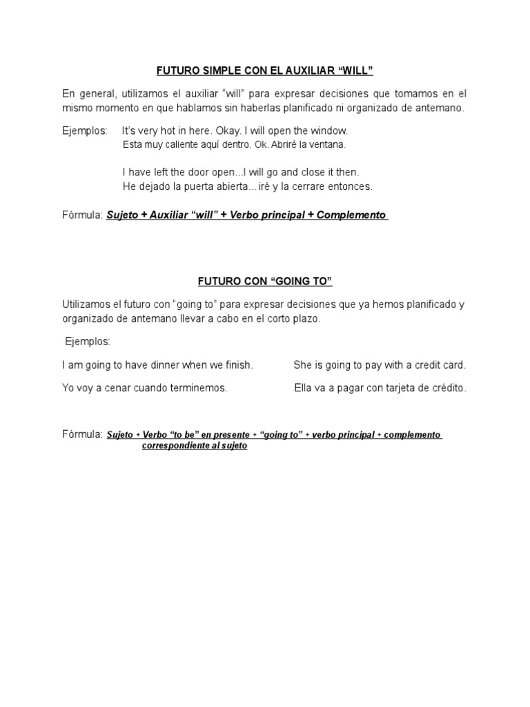 Futuro Simple Con El Auxiliar Will Futuro Con Going To y Diferencia ...