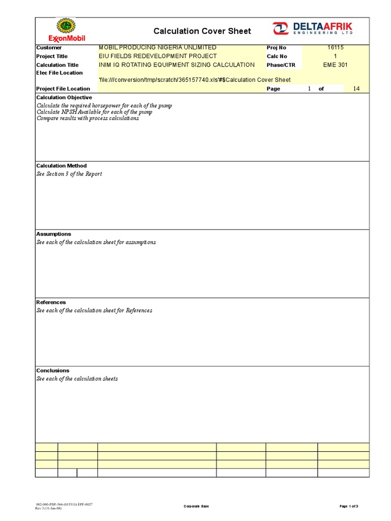 Calculation Cover Sheet | PDF | Horsepower | Pump