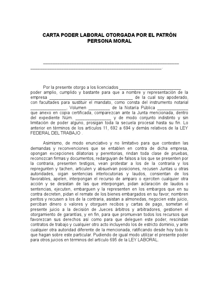 Carta Poder Laboral Otorgada Por El Patrón Persona Moral | Virtud ...