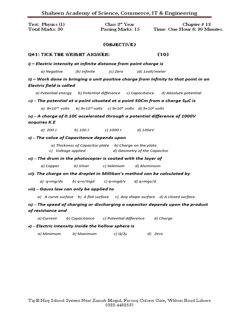 Physics 2nd Year Test | PDF | Capacitance | Capacitor