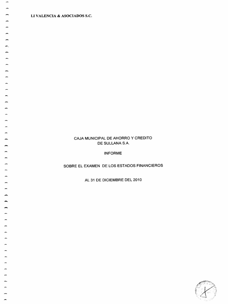 Informe Sobre El Examen de Los Estados Financieros Al 31 Dic 2010 | PDF | Auditoría financiera ...