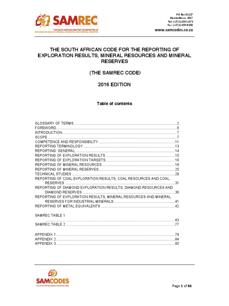 Código Sudafricano (SAMREC) | PDF | Ore | Mining
