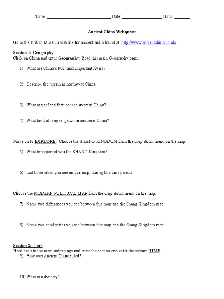 Ancient China Webquest | PDF | East Asia | China
