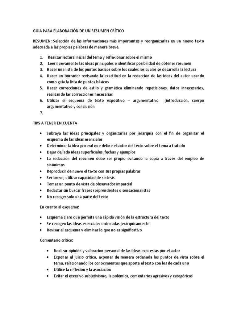Guia Para Elaboración de Un Resumen Crítico | Lectura (proceso ...