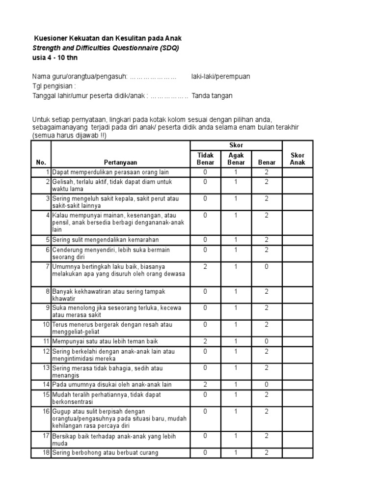 Usia 4 - 10 THN: Strength and Difficulties Questionnaire (SDQ) Kuesioner Kekuatan Dan Kesulitan ...