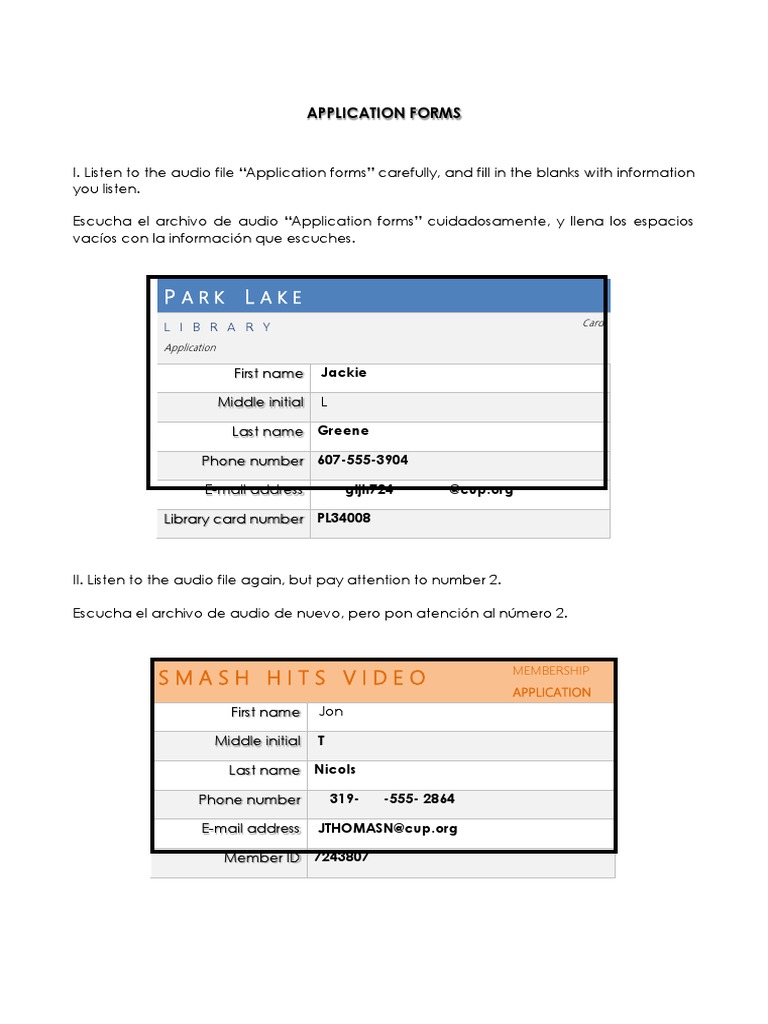 Application Forms-Audio Worksheet | PDF