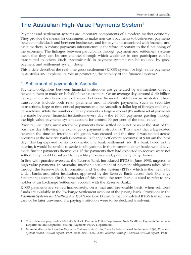 The Australian High-Value Payments System: 1. Settlement of Payments in ...