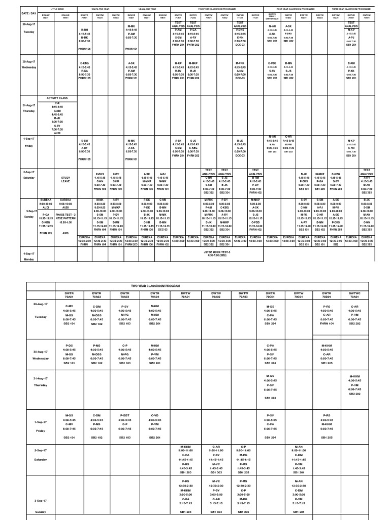 Time Table Fiitjee Dwarka 29 Aug 04 Sep 1 | PDF