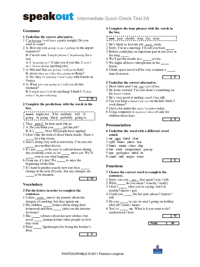 Intermediate Quick Check Test 3A: Grammar