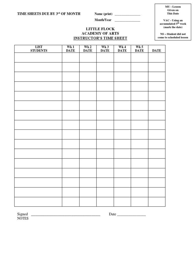 Instructor Time Sheet Template | PDF