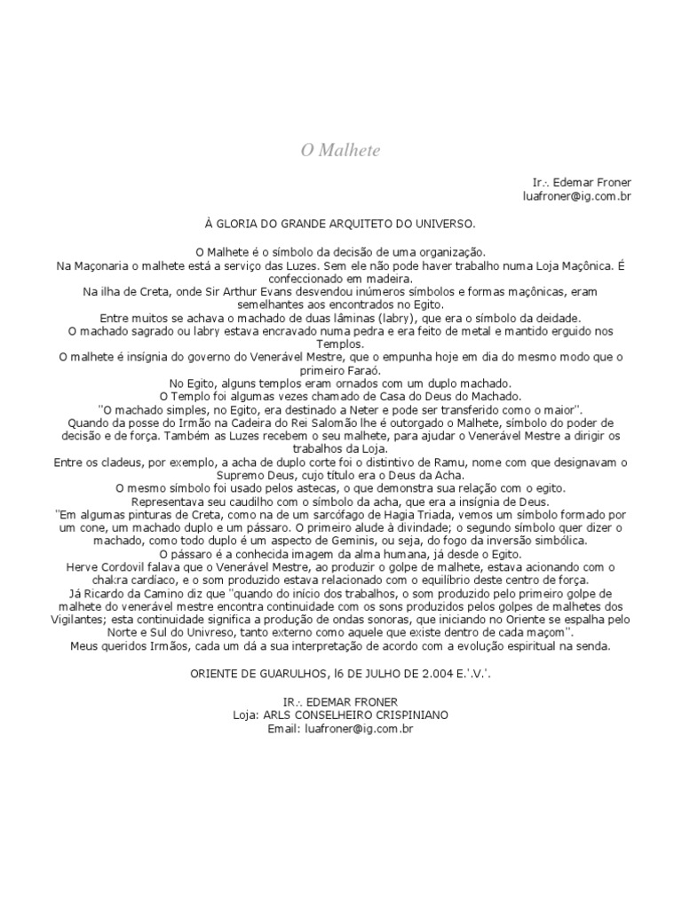 O Malhete | PDF | Maçonaria | Loja Maçônica