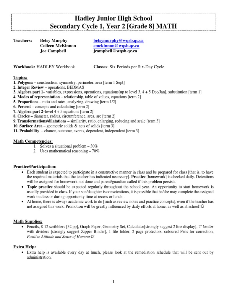 Grade 8 Course Outline September 2017 | PDF | Equations | Geometry