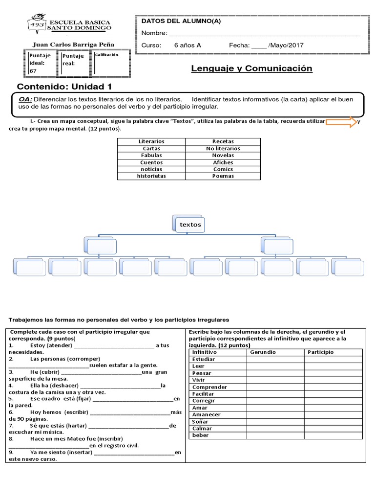 Prueba Lenguaje Unidad 1 Sexto | PDF | Idiomas