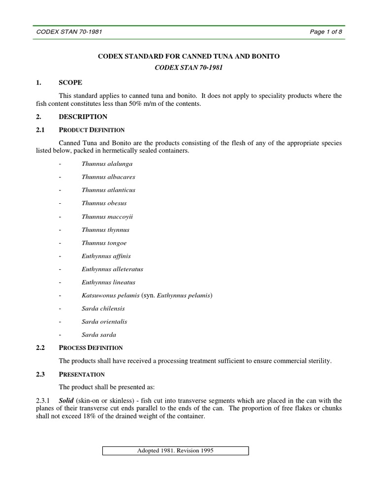 CODEX STAN 70 1981 Standard For Canned Tuna and Bonito | PDF | Tuna ...