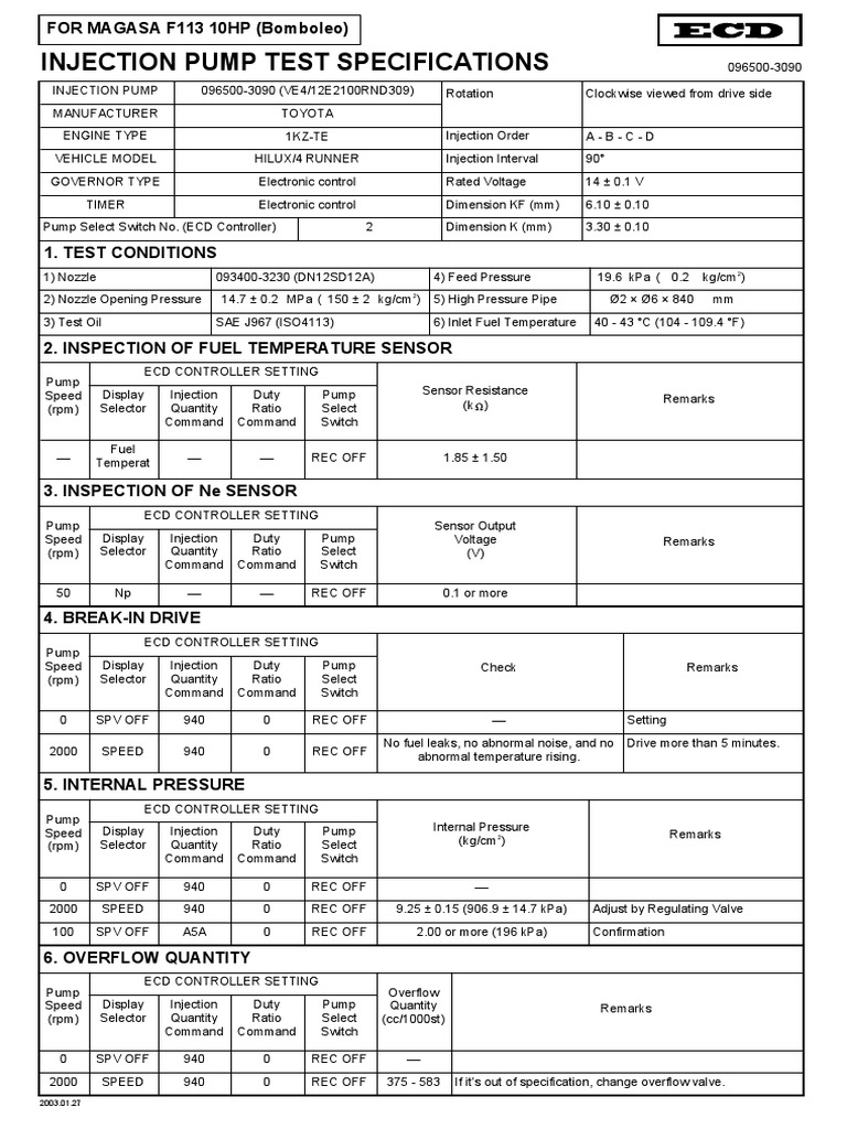 Injection Pump Test Specifications | PDF | Pump | Internal Combustion ...